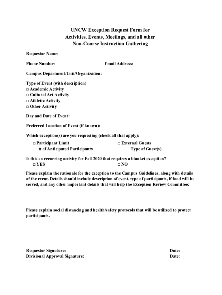 Fillable Online UNCW Exception Request Form for Activities, Events ...