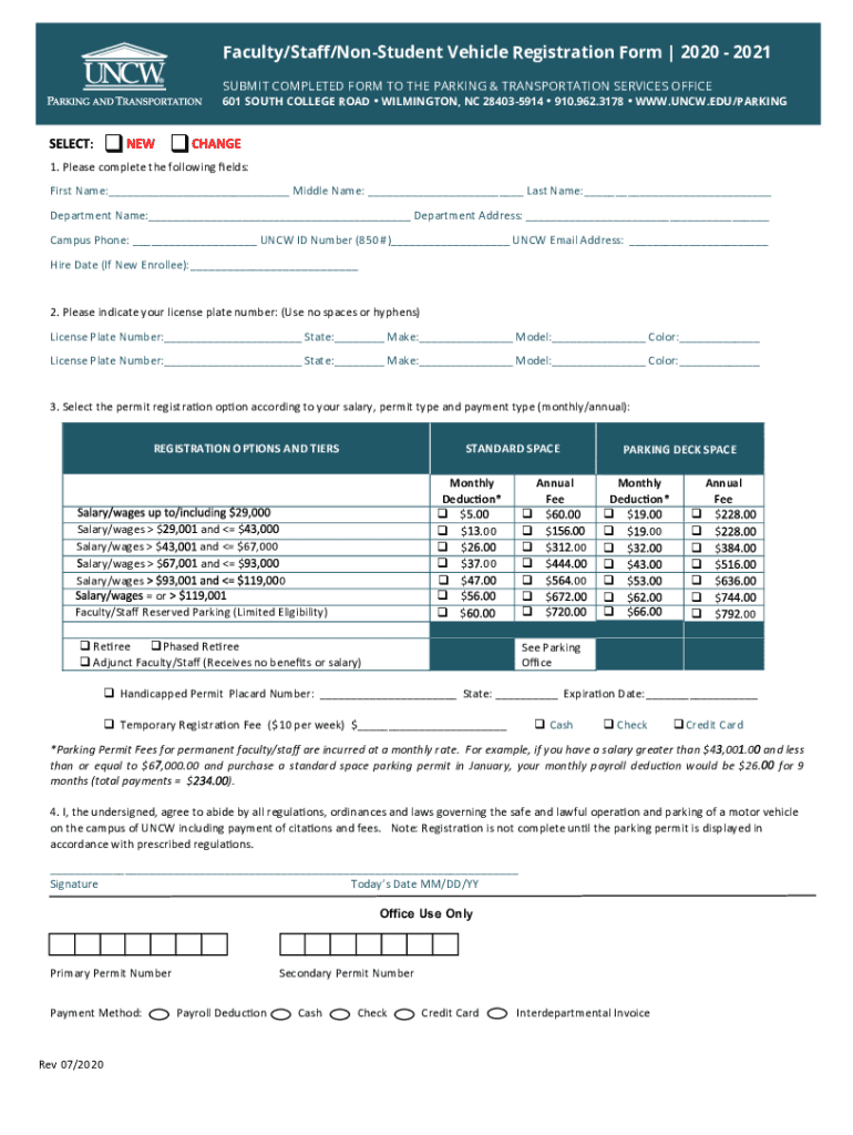 Fillable Online Faculty/Sta/Non-Student Vehicle Registration Form 2020 ...