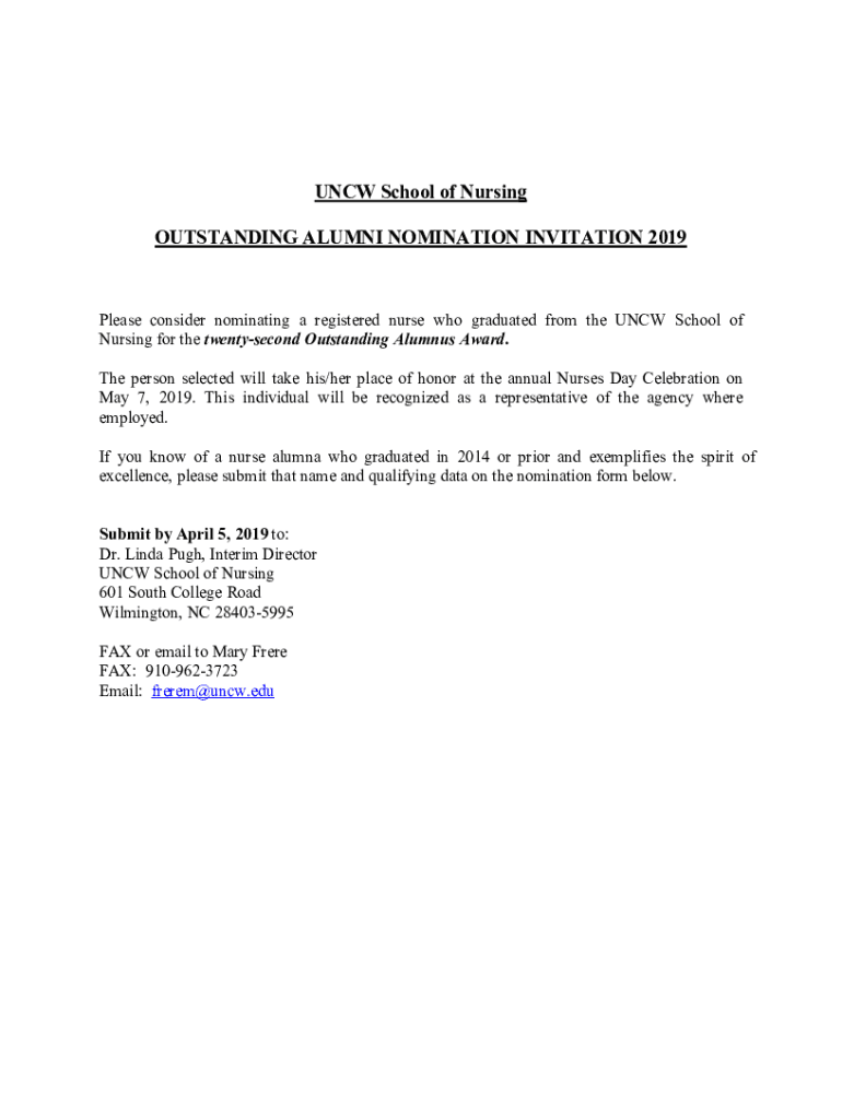 Fillable Online UNCW 2019 Outstanding Alumni Nomination Form.doc Fax Email Print - pdfFiller