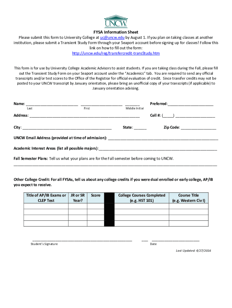 Fillable Online FYSA Information Sheet - University of North Carolina ...