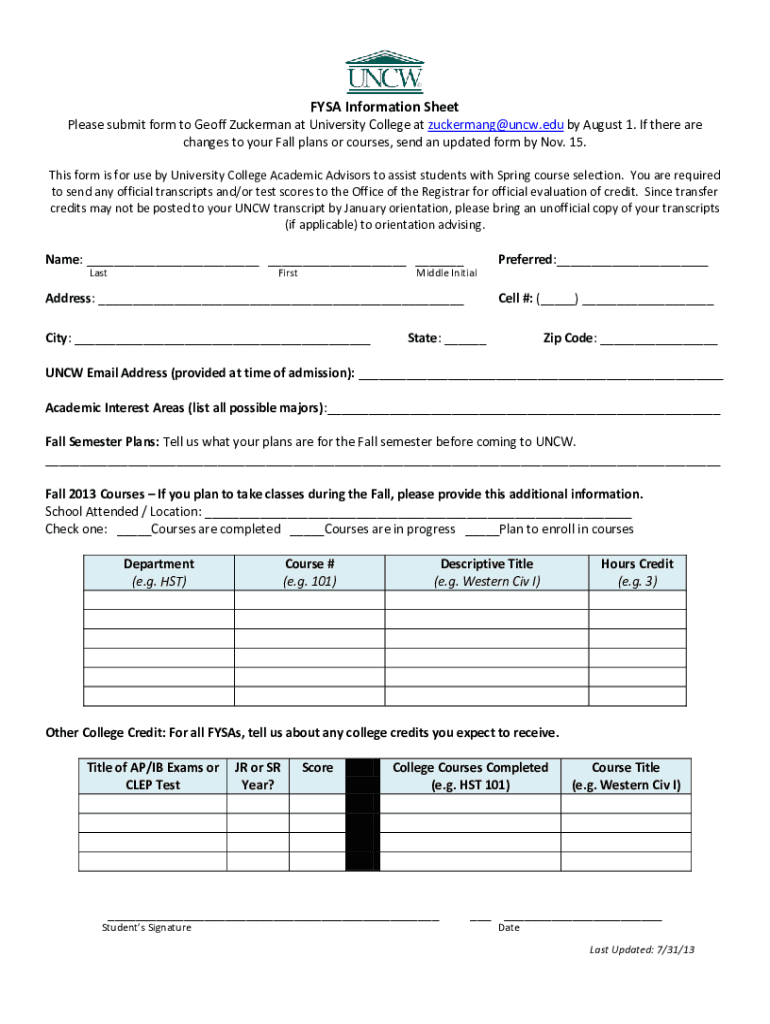 Fillable Online FYSA Information Sheet Fax Email Print - pdfFiller