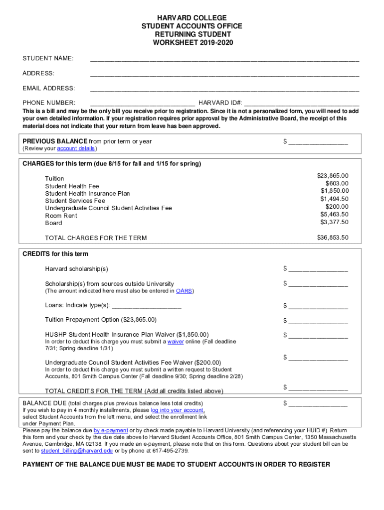 Fillable Online sfs harvard PDF harvard college student accounts office ...