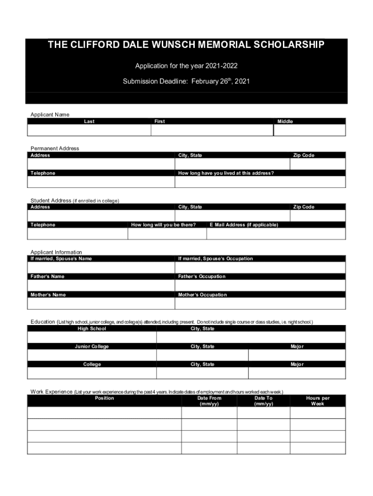Fillable Online The Clifford Dale Wunsch Memorial Scholarship - San ...