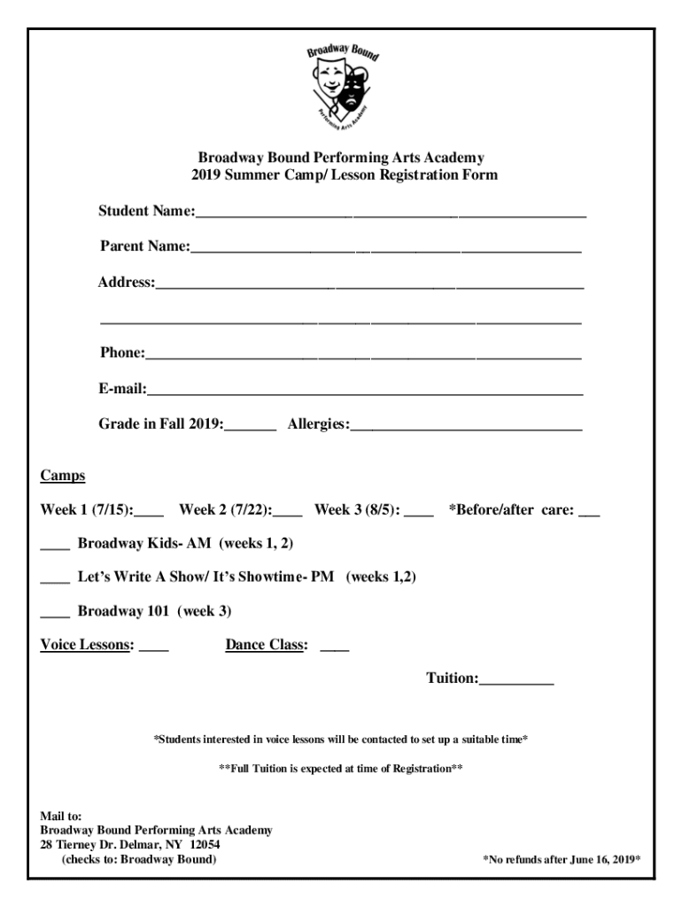 Fillable Online Broadway Bound Performing Arts Academy - Registration ...