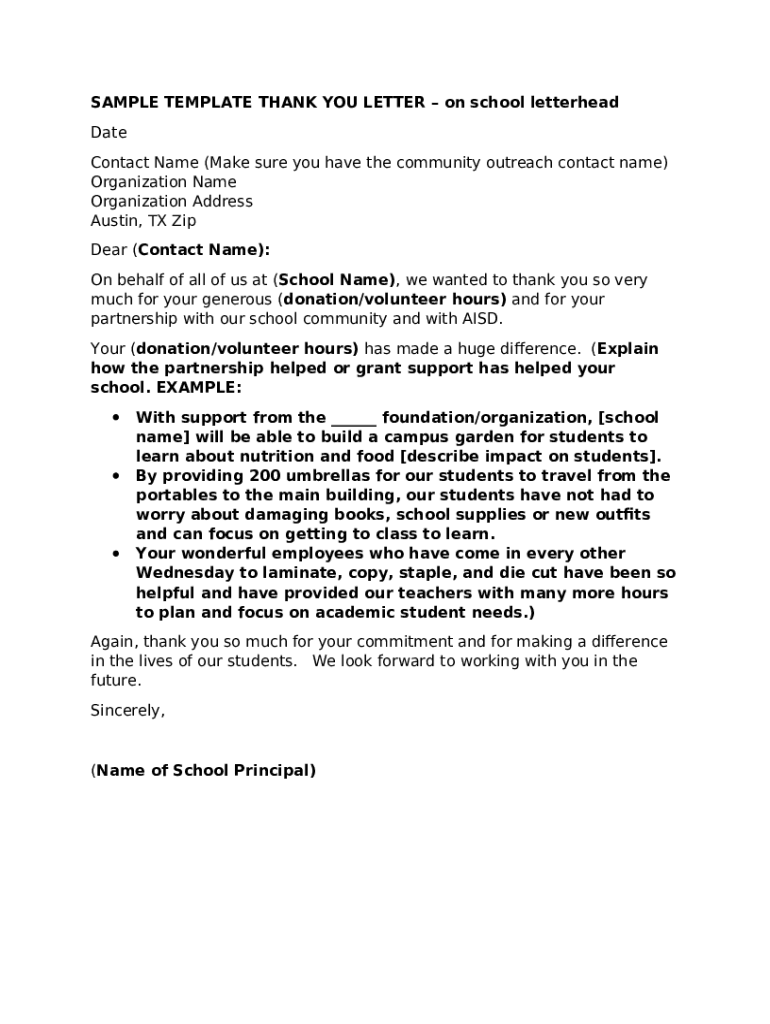 SAMPLE TEMPLATE THANK YOU LETTER - on school letterhead Doc Template ...