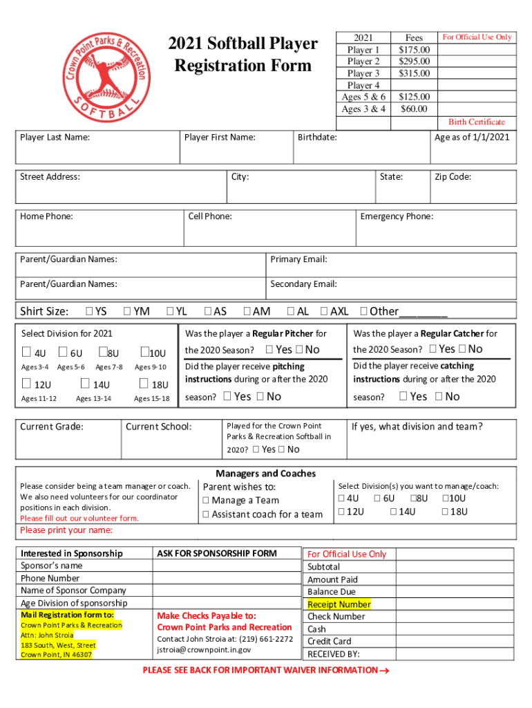 Fillable Online 2021 Softball Player Registration Form Fax Email Print ...