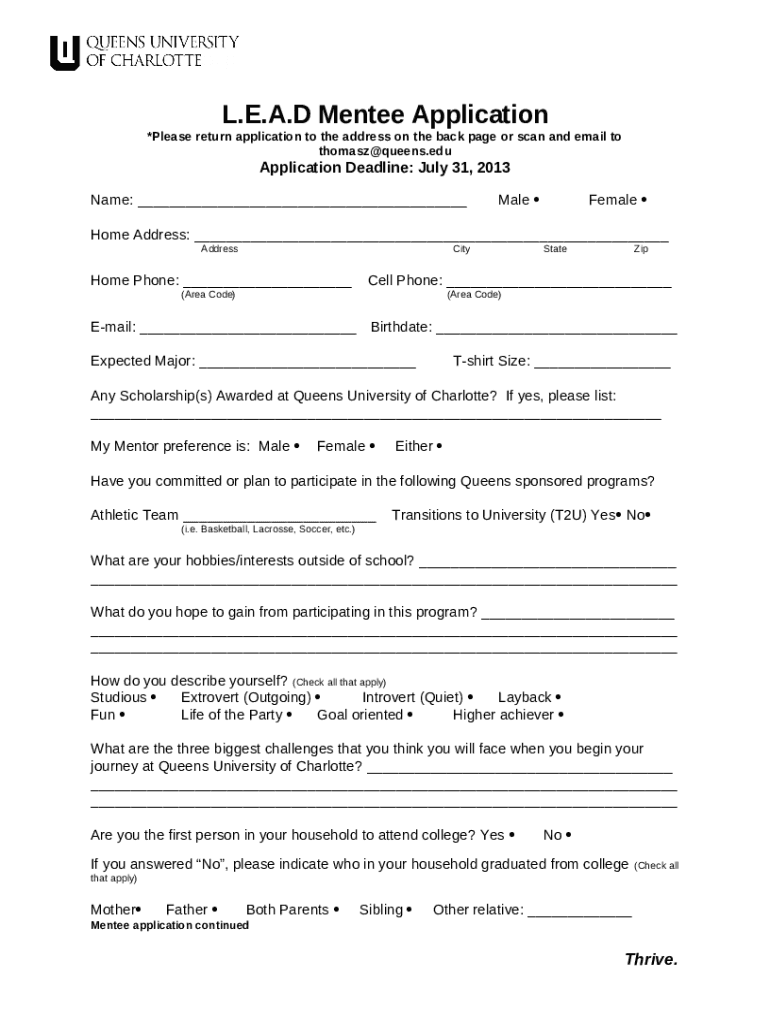 LEAD Mentee Application - Queens University of Charlotte - my queens Doc Template | pdfFiller