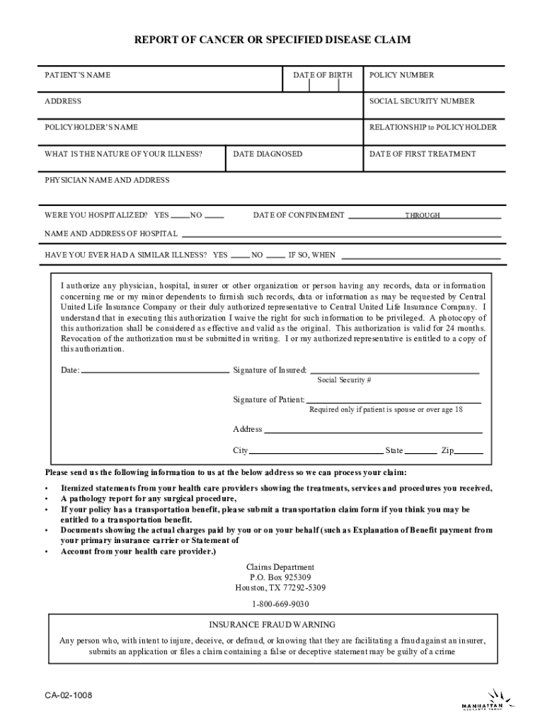 Fillable Online Cancer Claim Form.doc Fax Email Print - pdfFiller