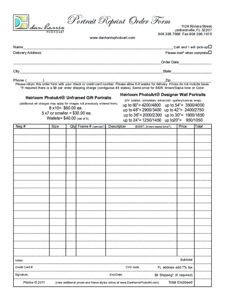Fillable Online Portrait Reprint Order Form Fax Email Print - pdfFiller