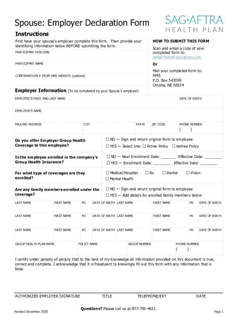 Fillable Online Spouse: Employer Declaration Form Fax Email Print ...