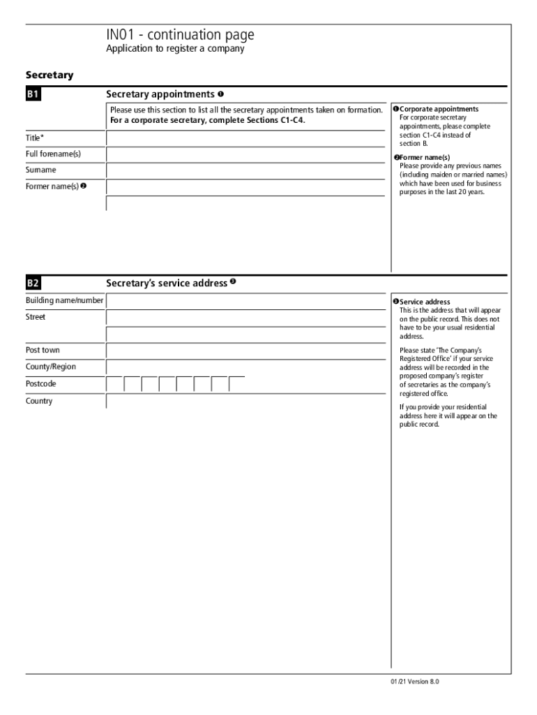 Fillable Online IN01 continuation pages - Application to register a ...