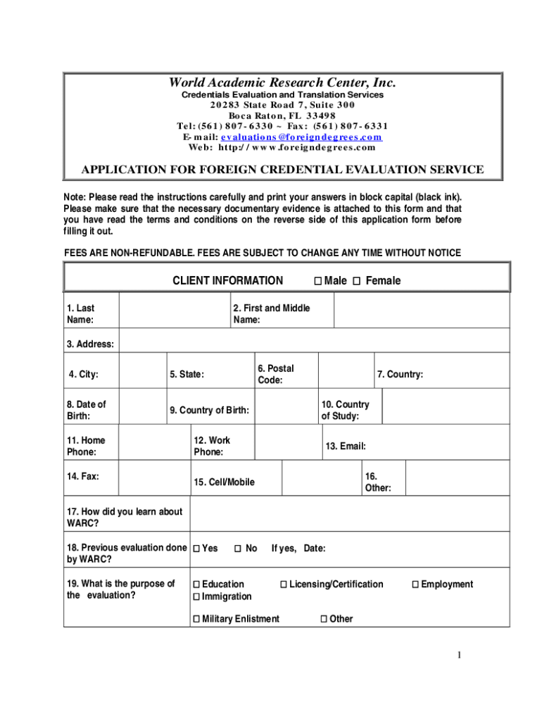 Fillable Online Foreign Credential Evaluation, Credential Evaluation Service Fax Email Print ...