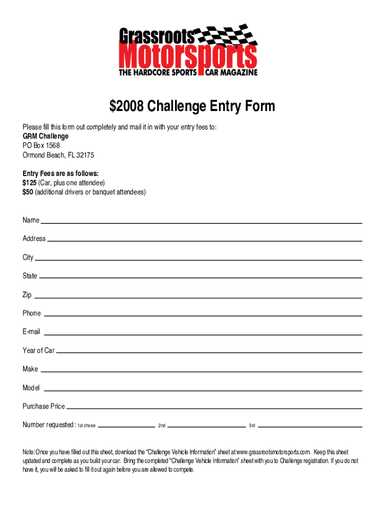 Fillable Online $2008 Challenge Entry Form Fax Email Print - pdfFiller