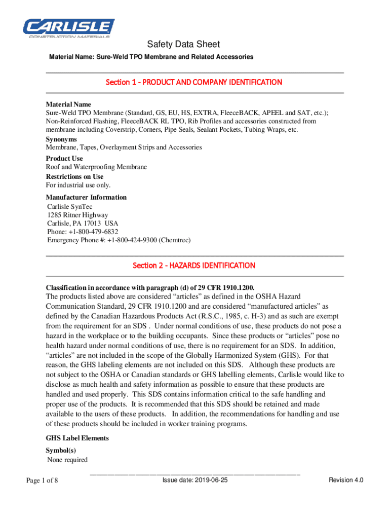 Fillable Online Material Name: Sure-Weld TPO Membrane and Related Accessories Fax Email Print ...