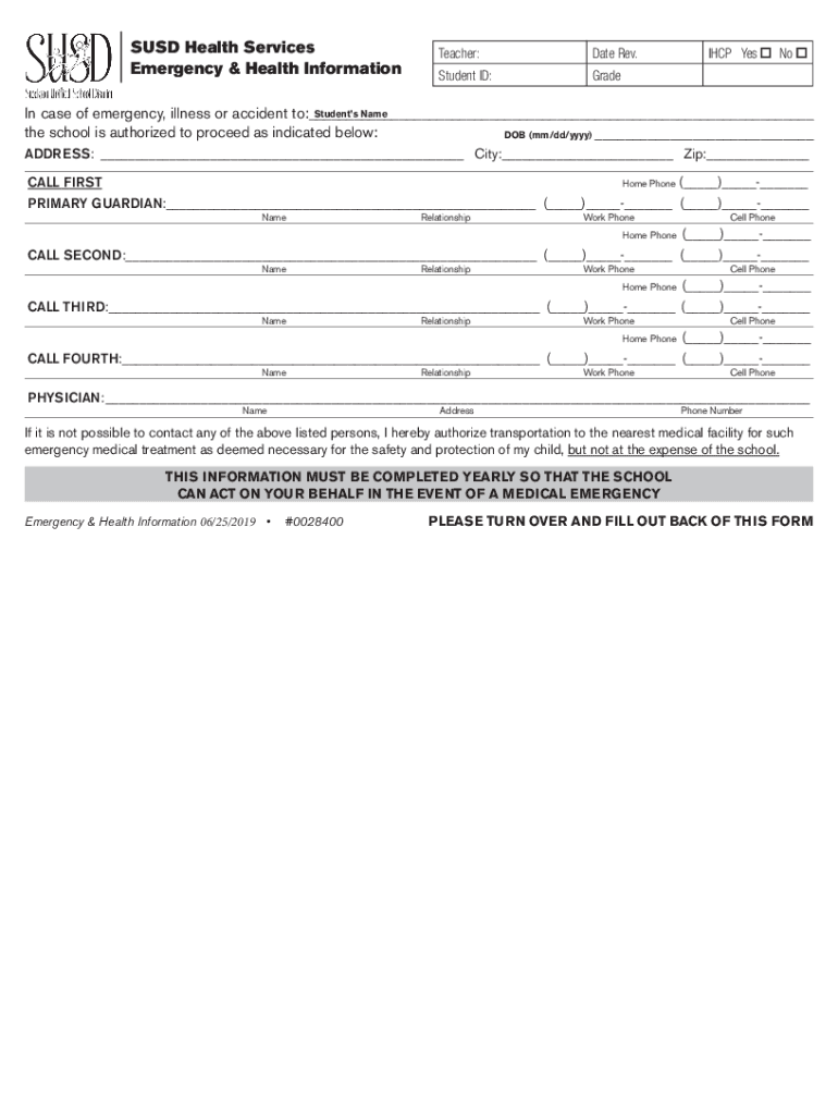 Fillable Online SUSD Emergency Card - Stockton Unified School District Fax Email Print - pdfFiller