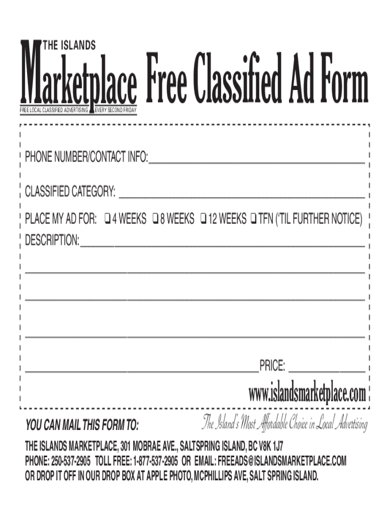Fillable Online CLASSIFIED AD form.indd Fax Email Print - pdfFiller