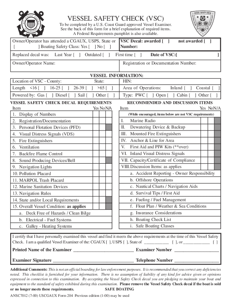 Fillable Online a7012.pdf (7-00) Rev001. Vessel Safety Check From (AUX ...