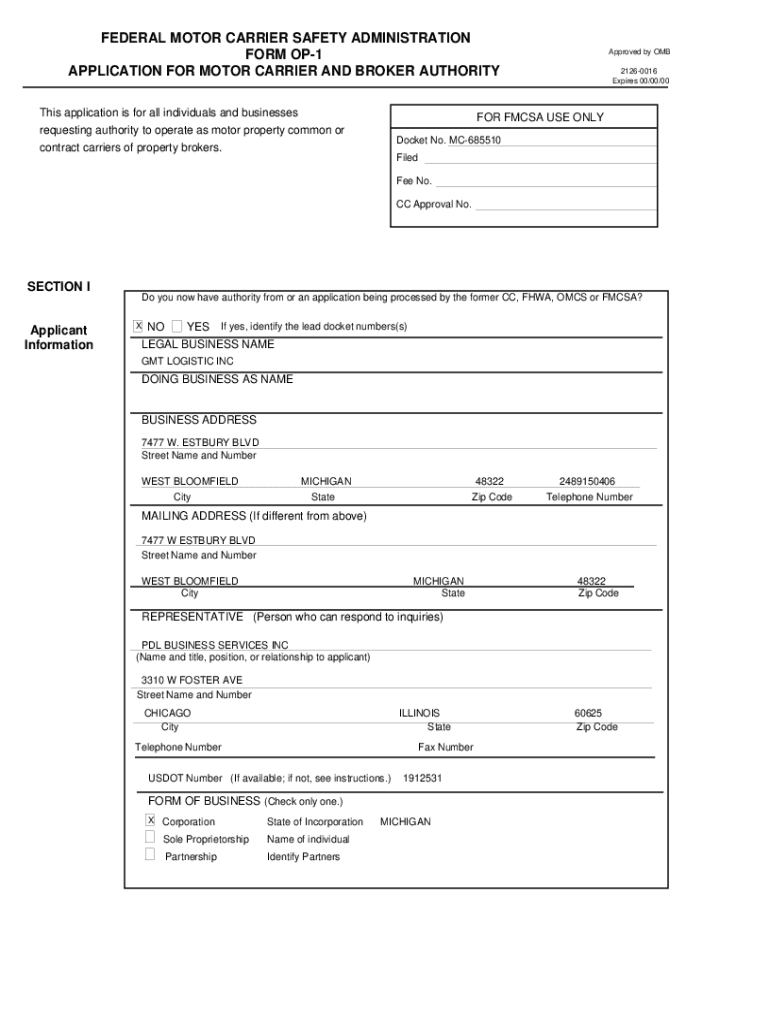 Fillable Online Form OP-1 - Federal Motor Carrier Safety Administration ...