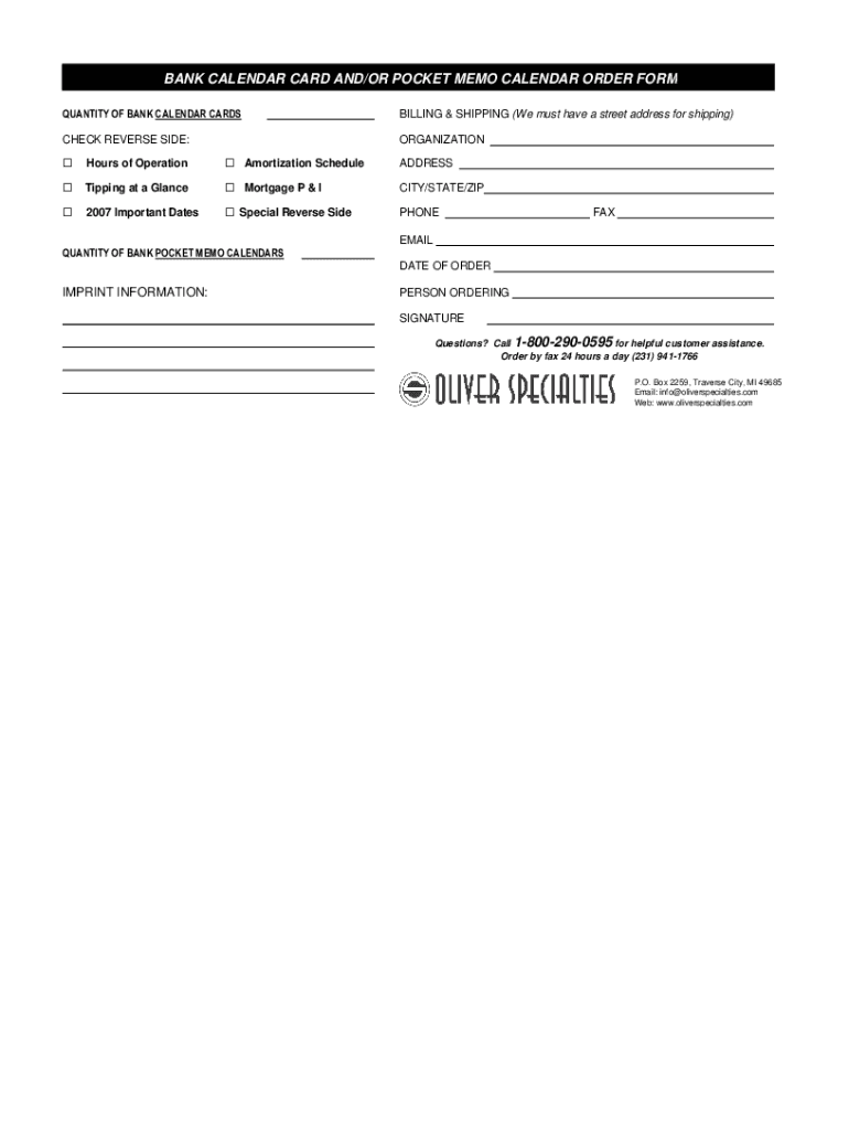 Fillable Online BANK CALENDAR CARD-POCKET MEMO internet order form.doc Fax Email Print - pdfFiller