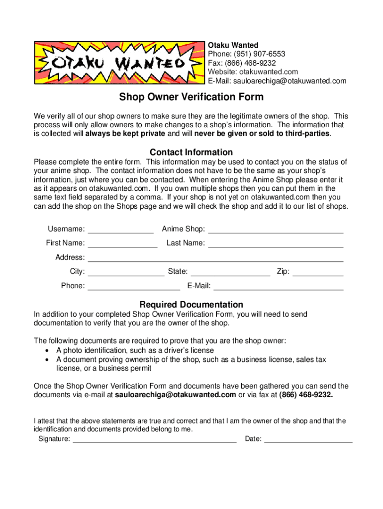 Fillable Online Shop Verification Form Fax Email Print - pdfFiller