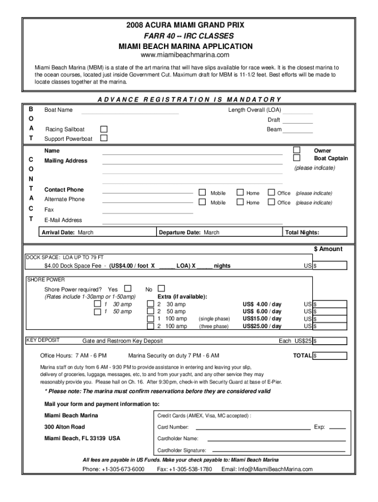 Fillable Online Miami Beach Marina Application. Acura Miami Grand Prix ...