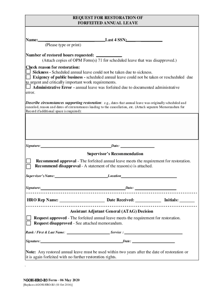 Fillable Online REQUEST FOR RESTORATION OF FORFEITED ANNUAL LEAVE ...