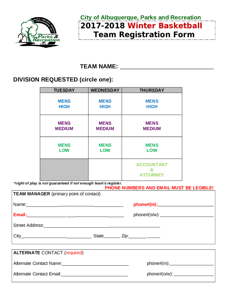 2016 Basketball Team Registration and Checklist Doc Template | pdfFiller