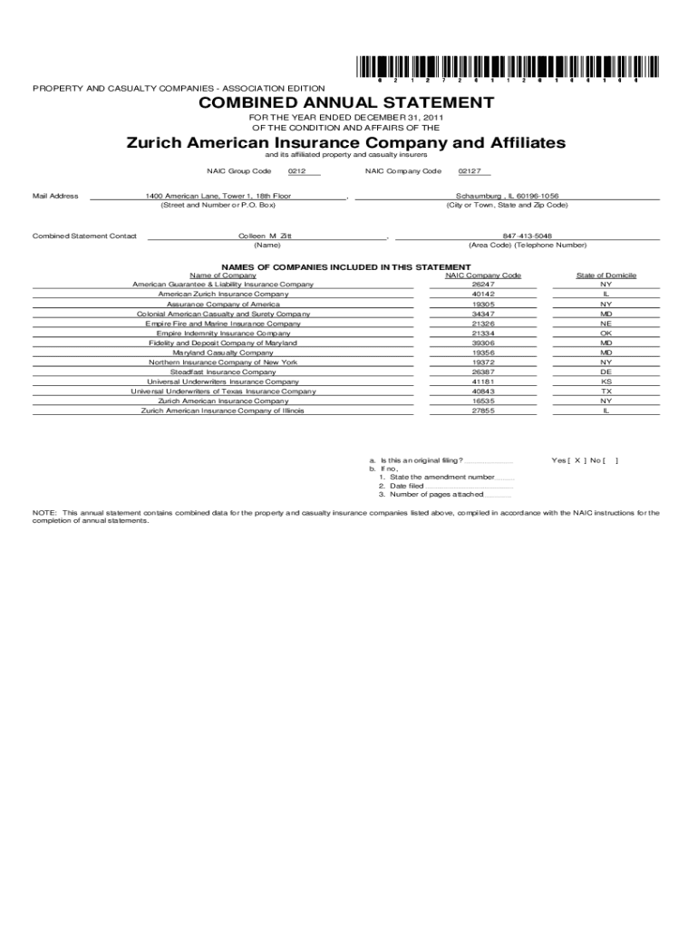 Fillable Online 2011 Combined annual statementZurich American Insurance ...