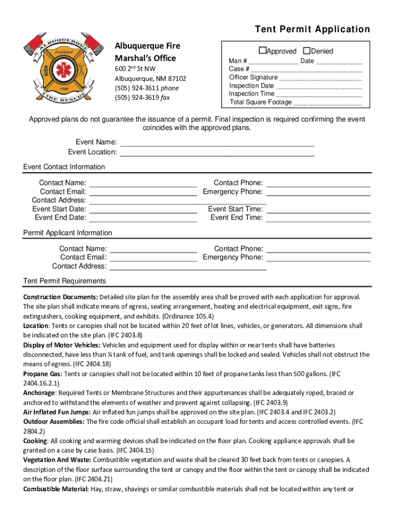 Fillable Online Tent Permit Application Albuquerque Fire Marshal's ...