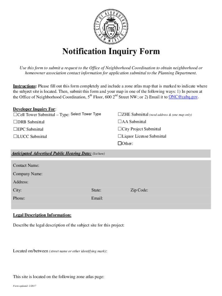 Fillable Online Notification Inquiry Form Fax Email Print - pdfFiller