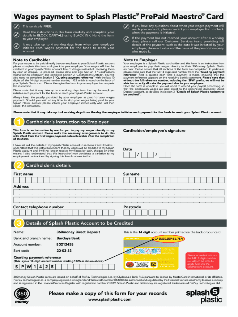 Fillable Online Wages payment to Splash Plastic PrePaid Maestro Card ...