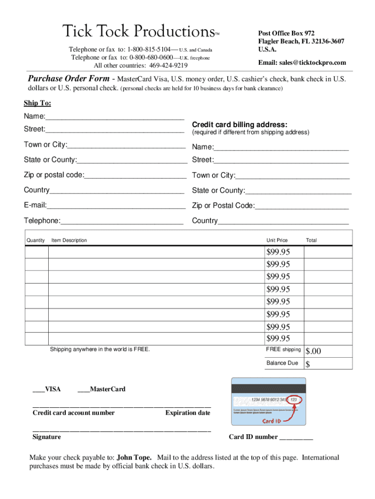 Fillable Online TTP Order form for Tick Tock Productions Fax Email ...