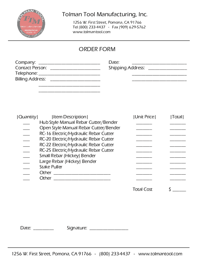 Fillable Online Tolman Tool Manufacturing, Inc. ORDER FORM Fax Email ...