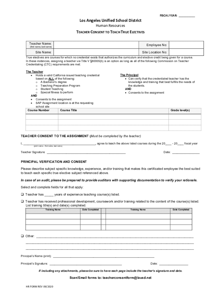 Fillable Online Teacher Consent Form for True Electives Rev 09-2020 Fax ...