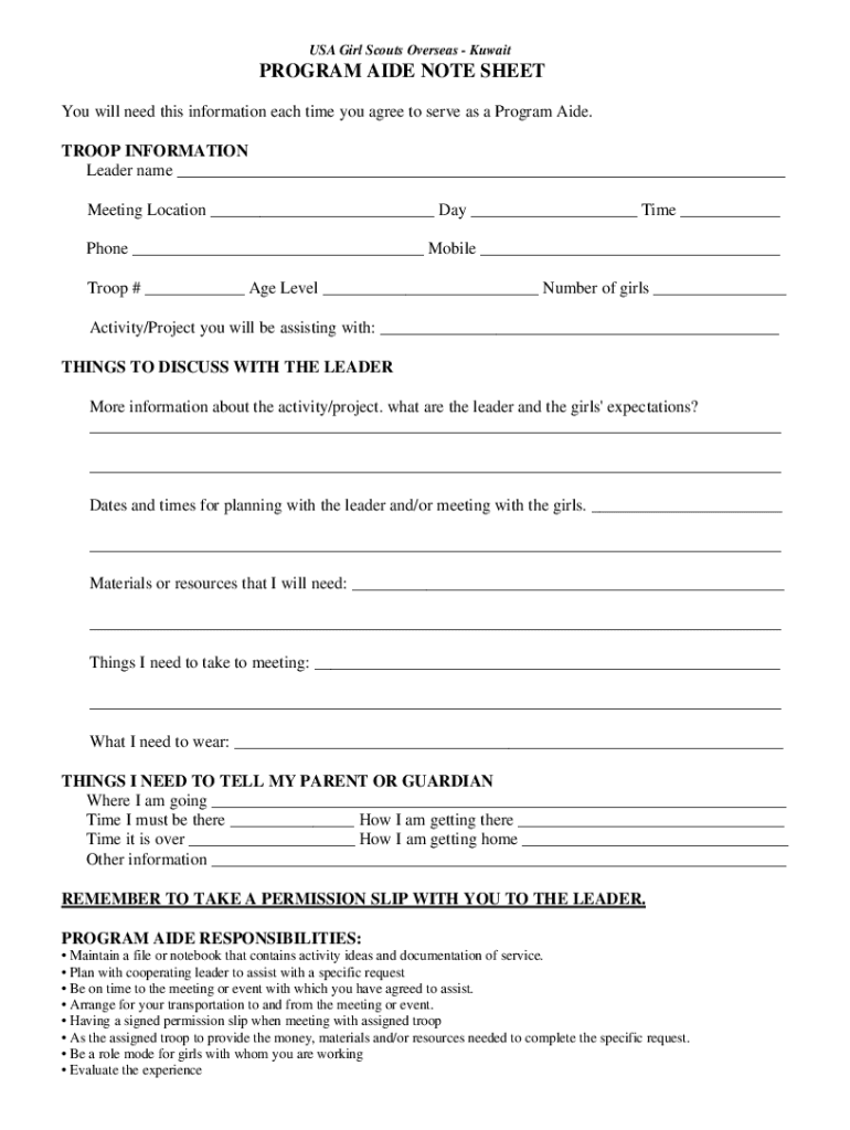 Fillable Online Program Aide Note Sheet Fax Email Print - pdfFiller