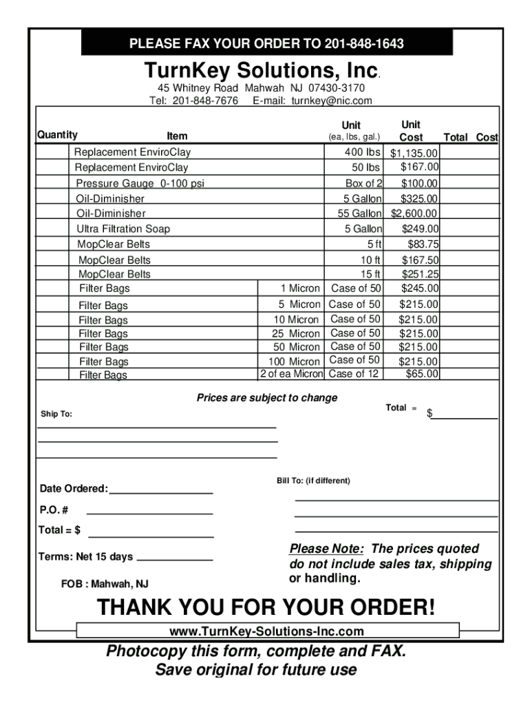 Fillable Online TurnKey Solutions Order Form Fax Email Print - pdfFiller