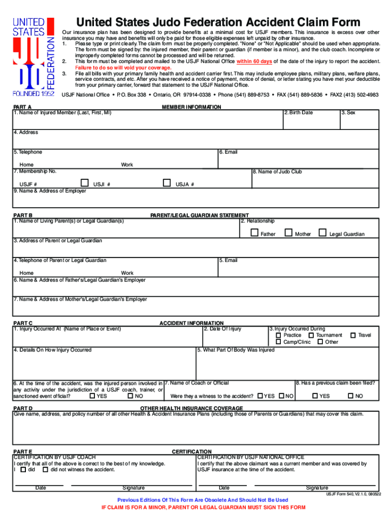 Fillable Online UNITED United States Judo Federation Accident Claim ...