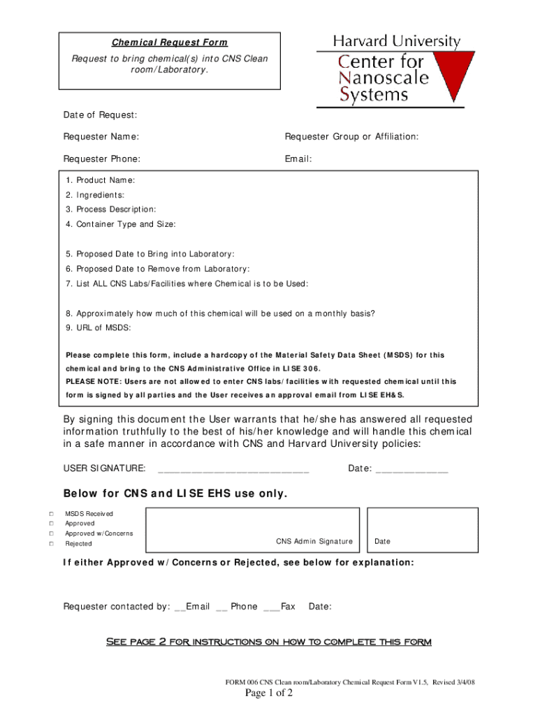 Fillable Online cns fas harvard FM006ChemicalRequestform.doc Fax Email Print - pdfFiller