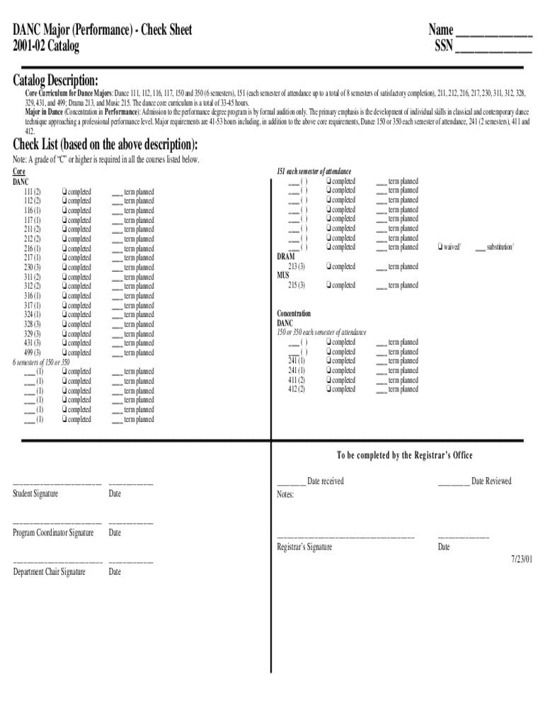Fillable Online hawk huntingdon DANC Major (Performance) - Check Sheet ...