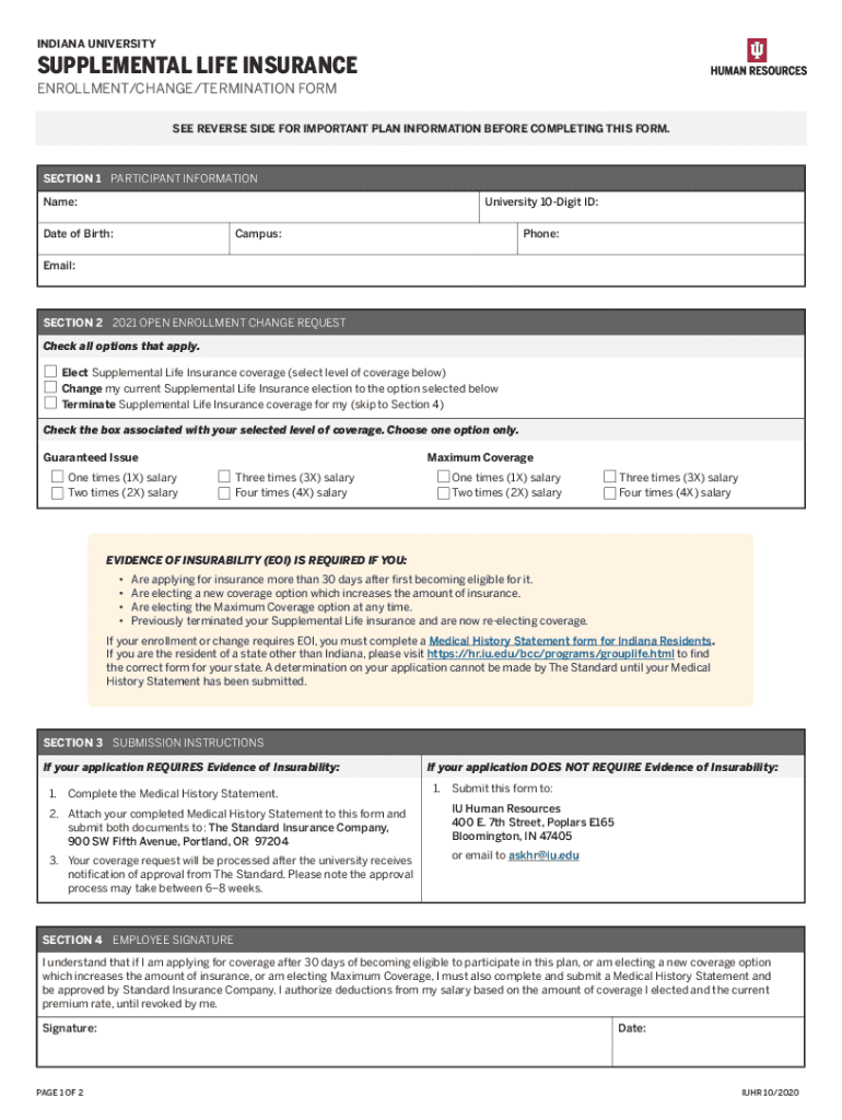 Fillable Online IU Supplemental Life Insurance Enrollment/Change/Termination Form Fax Email ...