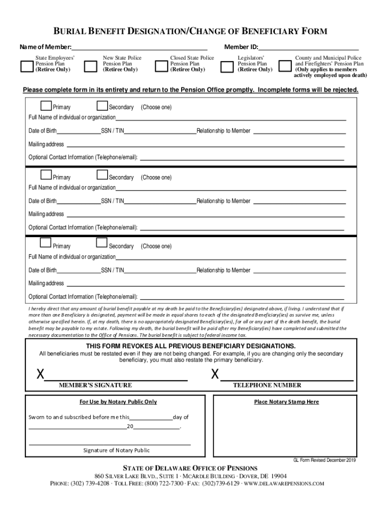 Fillable Online Burial Benefit Designation/Change of Beneficiary Form ...