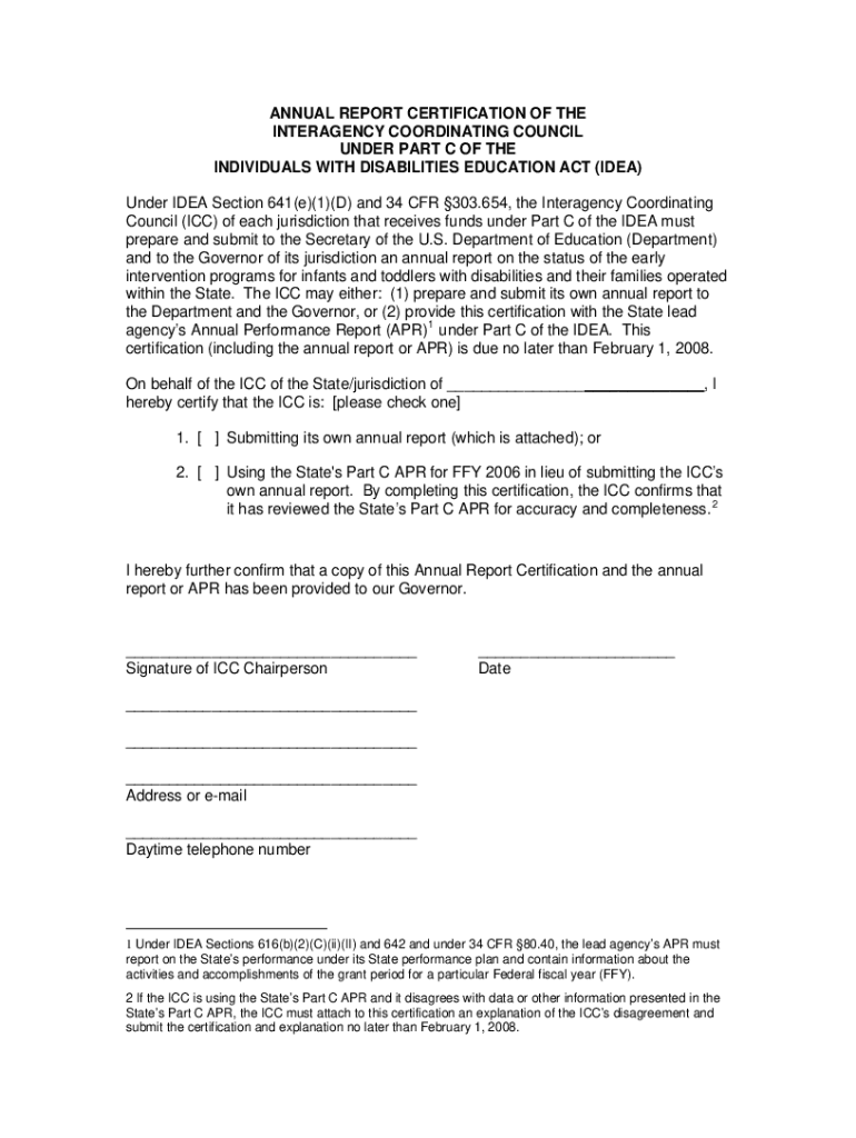 Fillable Online Annual Report Certification of the ICC Part C (PDF) Fax ...