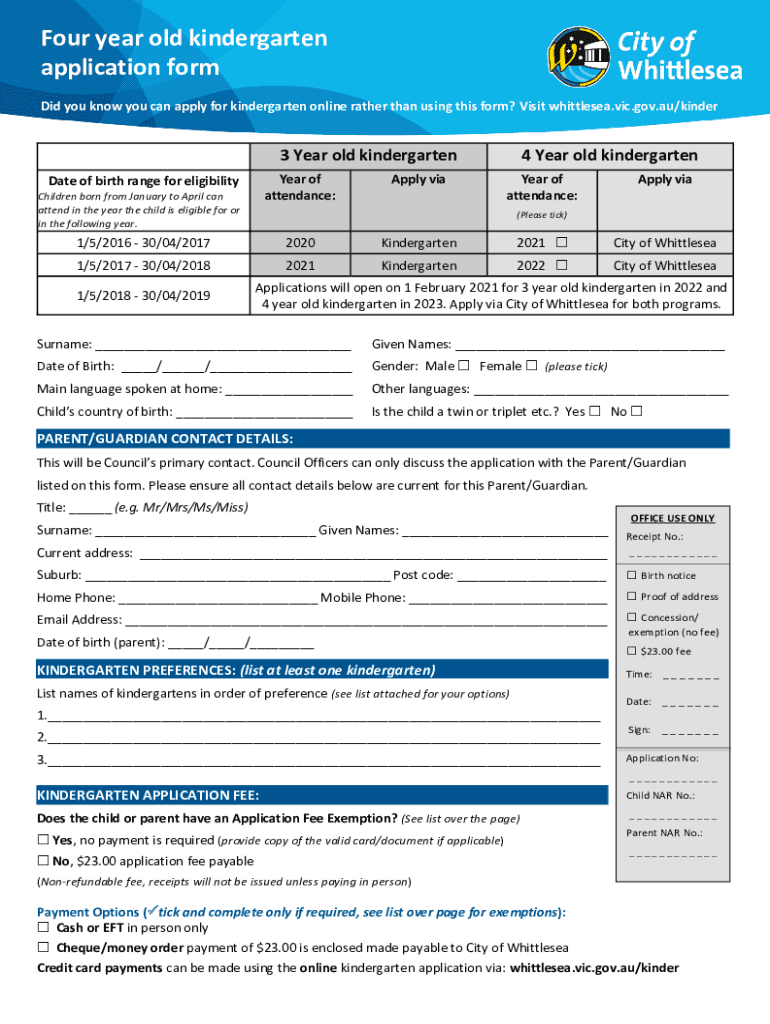 Fillable Online Kindergarten Application Form Nov 2020 - City of ...