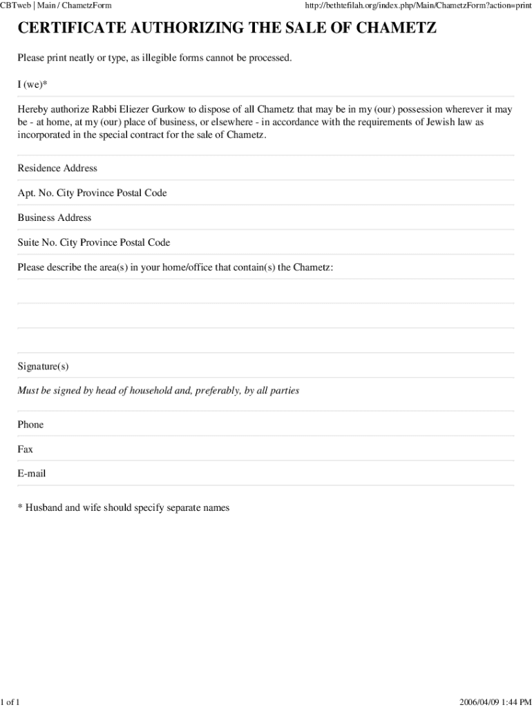 Fillable Online CBT Chametz Form Fax Email Print - pdfFiller