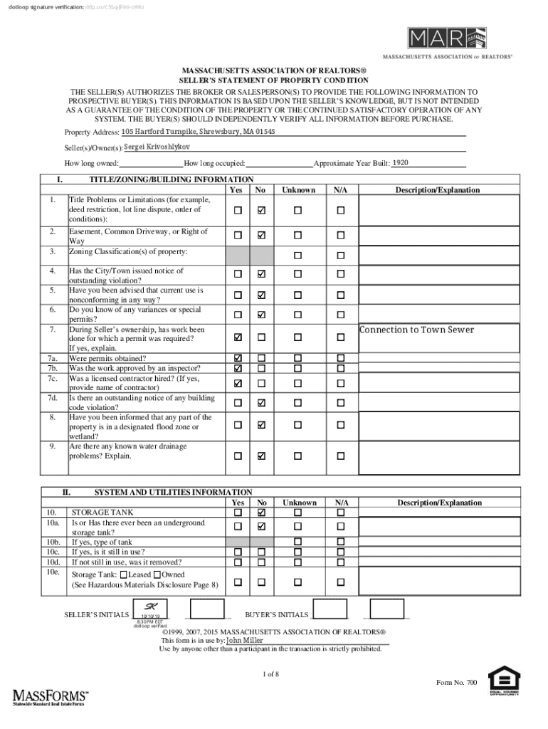 Fillable Online MASSACHUSETTS ASSOCIATION OF REALTORS SELLERS STATEMENT ...