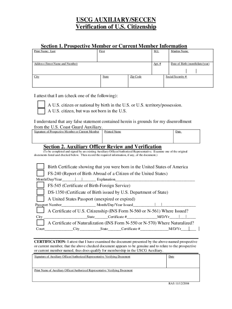 Fillable Online forms cgaux SECCEN Citizenship Verification Rev001 ...