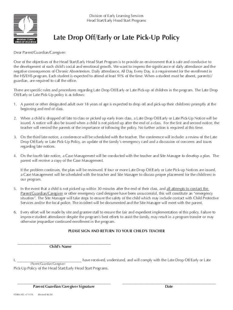 Fillable Online Late Drop Off Early or Late Pick Up Form English Fax ...