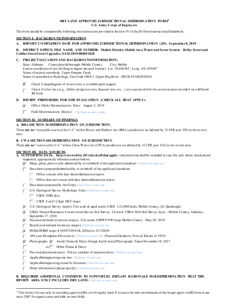 Fillable Online DRY LAND APPROVED JURISDICTIONAL DETERMINATION FORM 1 ...