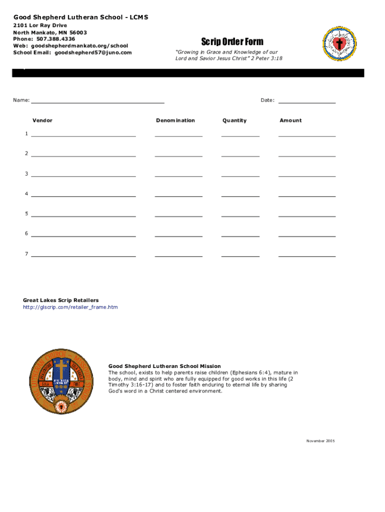 Fillable Online Good Shepherd Lutheran School Scrip Order Form. Good ...