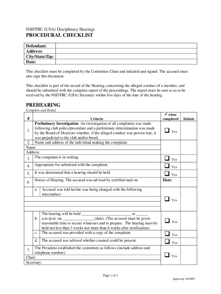Fillable Online Disciplinary Hearings PROCEDURAL CHECKLIST - NSDTRC(USA) Fax Email Print - pdfFiller
